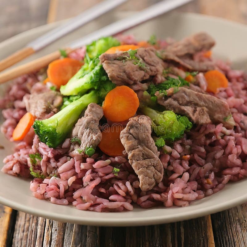 Purple Rice with Beef and Vegetables. Stock Illustration - Illustration ...