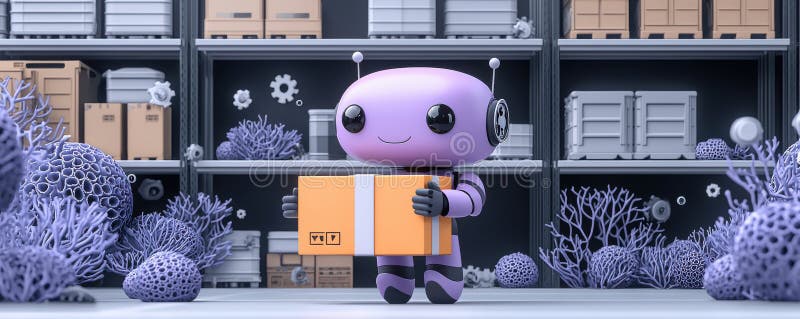 Purple Robot Holding an Orange Box in a Futuristic Warehouse Setting ...
