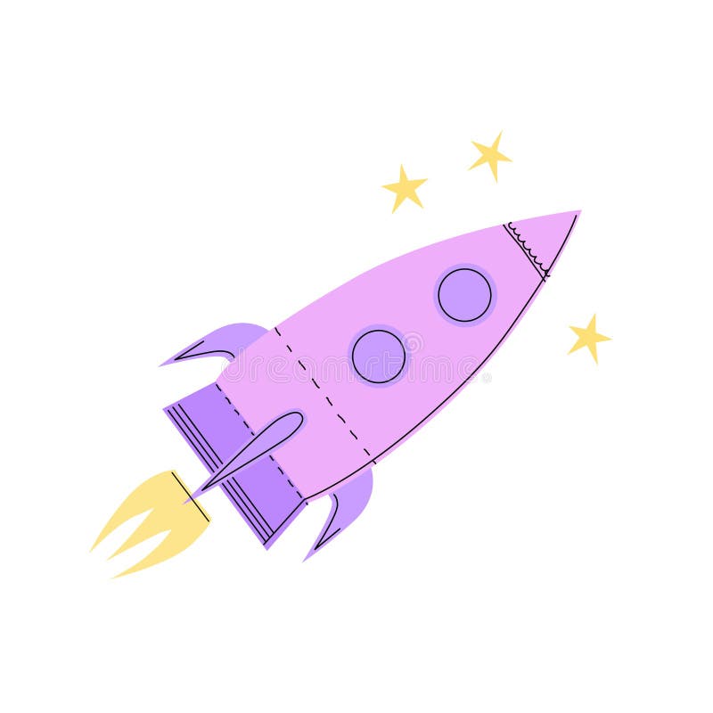 A Purple Rocket Flies Against a Background of Three Stars. Flat Vector ...