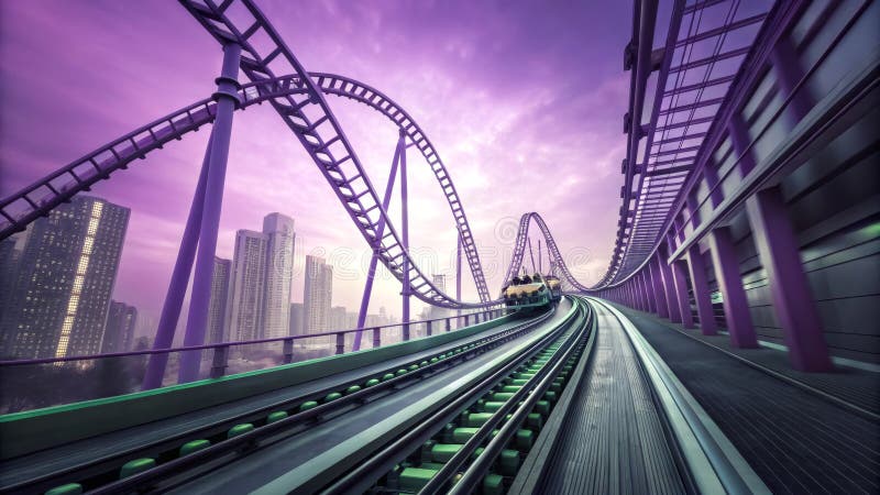 Purple Roller Coaster with a City in the Background Stock Photo - Image ...