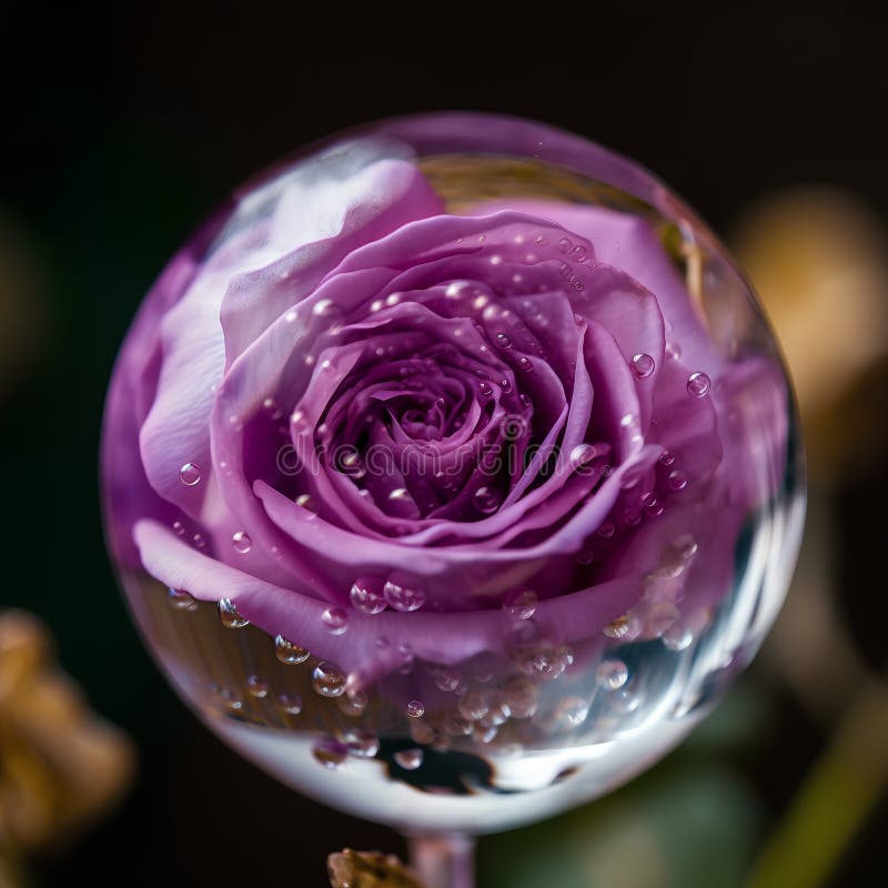 Purple Rose in a Crystal Ball with Water Drops on it. Stock ...