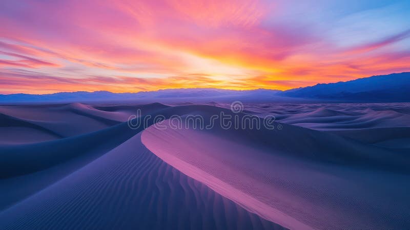 Purple Sand Dunes at Sunset with Mountain Range in the Background Stock ...