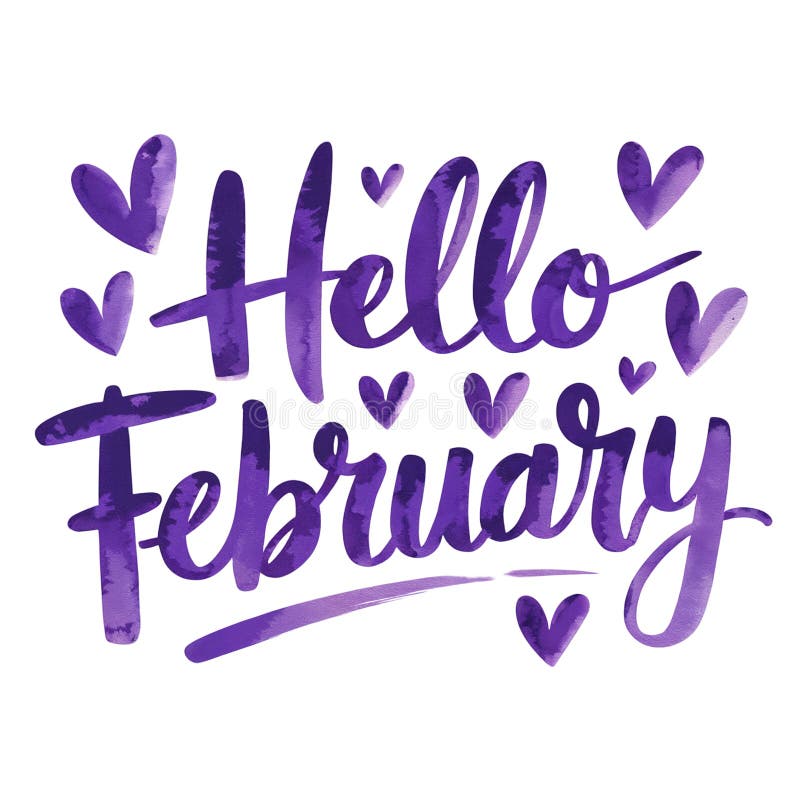 Purple Script Text Says Hello February Surrounded by Heart Shapes Stock ...