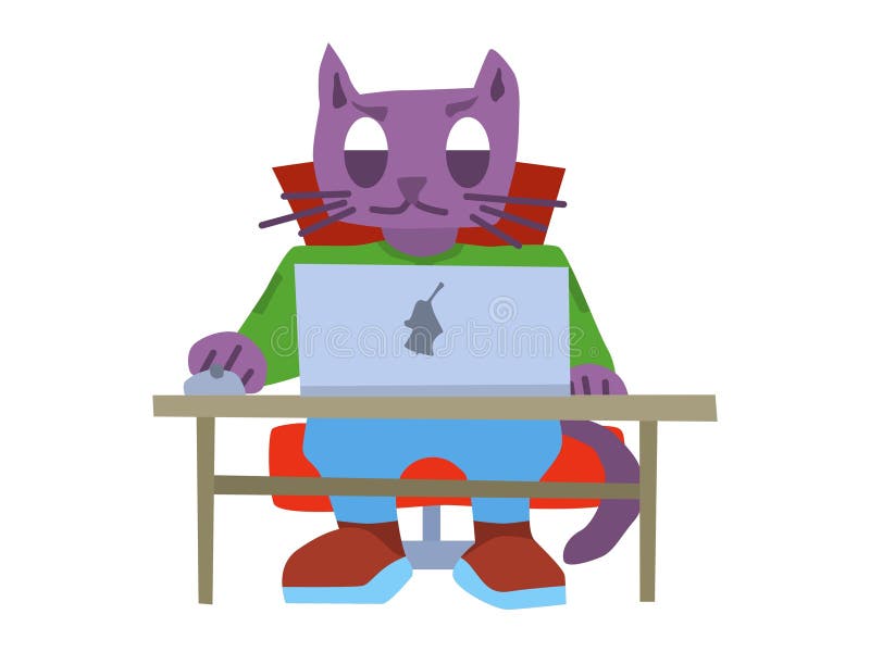Purple Serious Cat Sits Computer on Chair Vector Stock Illustration ...