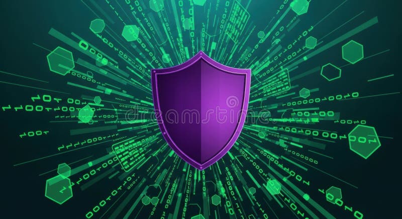 A Purple Shield Symbolizing Cybersecurity and Data Protection with a Digital Binary Code ...