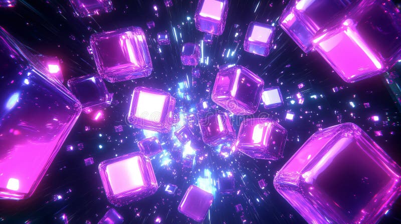Purple Shiny Cubes Floating in Virtual Reality Space Background Stock ...