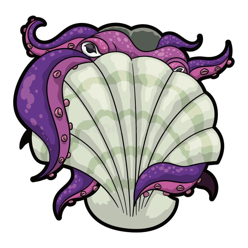 Shy Octopus Inside a Scallop Shell, Vector Illustration Stock Vector ...