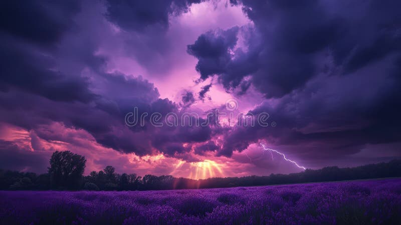 Purple Skies Above a Lavender Field with Dramatic Clouds and Light Rays ...