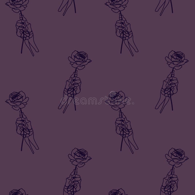 Outlined Purple Skeleton Hands Holding Roses Seamless Repeat Design ...