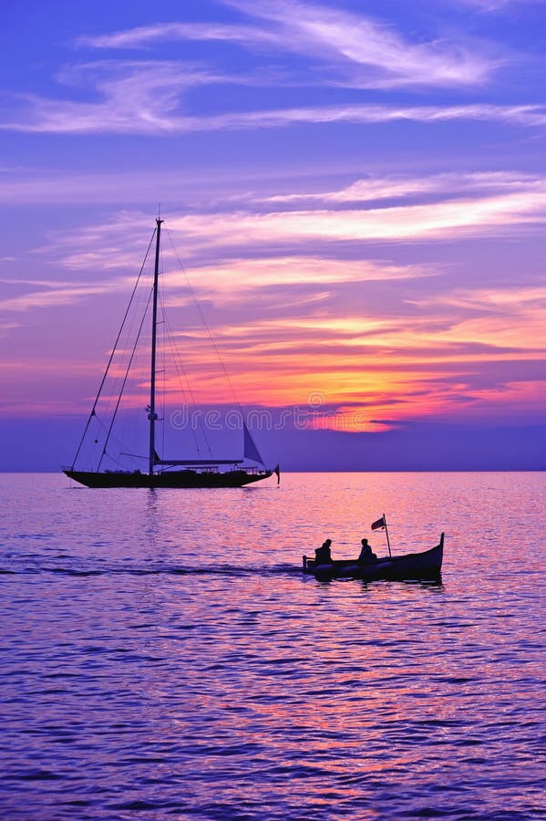 Purple Sky with Boat and Sailing Ship Silhouette Stock Image - Image of ...