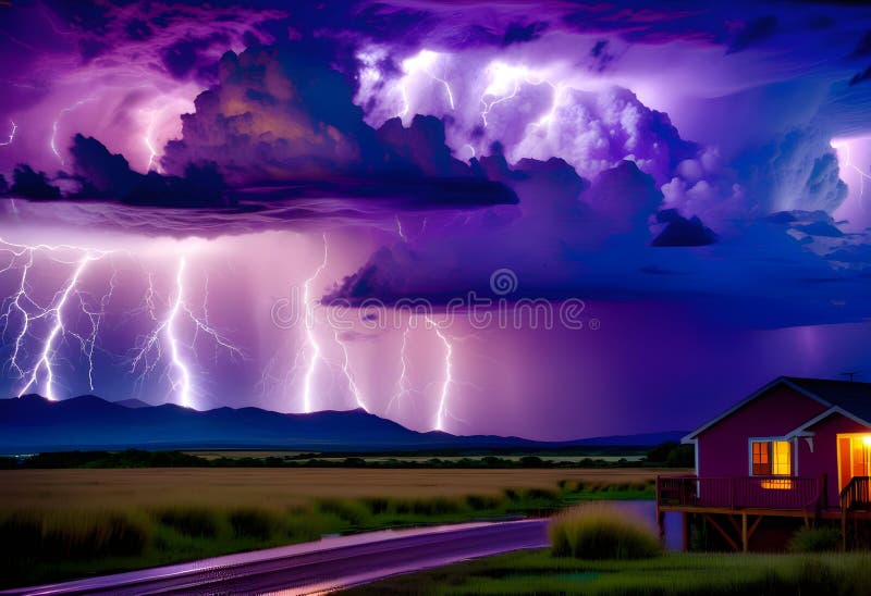 Purple Sky, Illuminated by Lightning, at the End of a Storm Stock ...