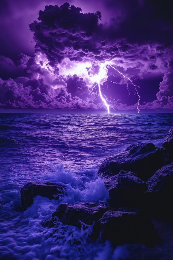 A Purple Sky with a Lightning Bolt Over the Ocean Stock Photo - Image ...