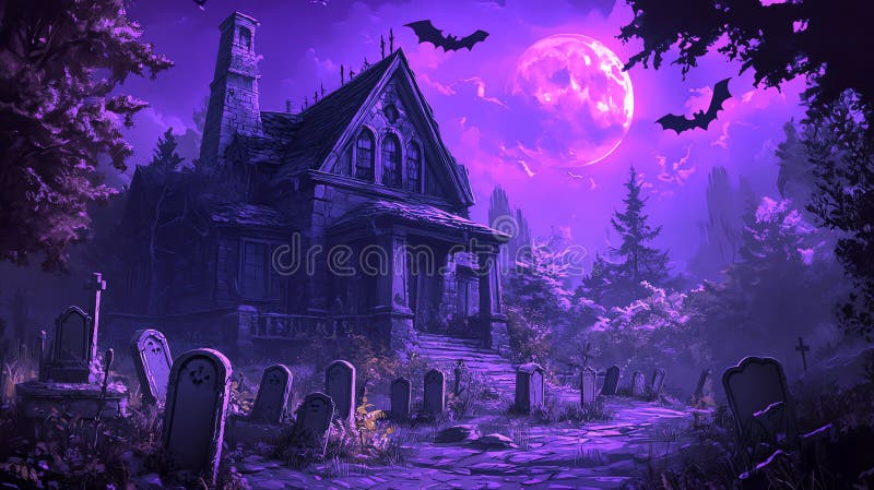 Purple Sky Scary Halloween Night Landscape with Spooky Bats and ...