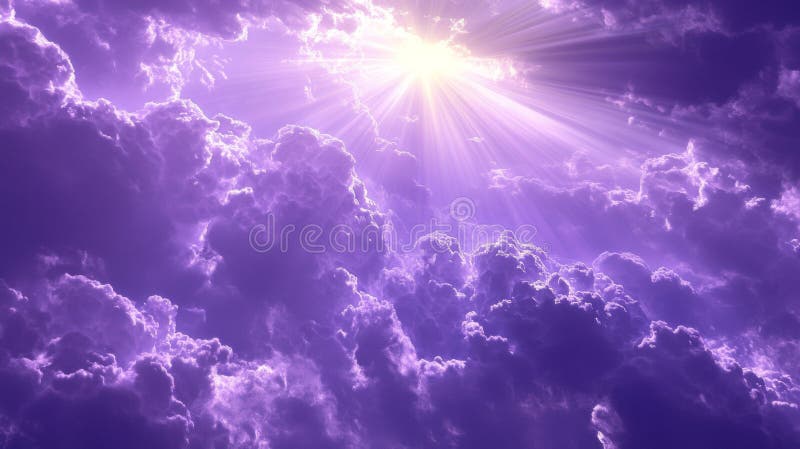 Purple Sky with Sun Rays Shining through Clouds Stock Illustration ...