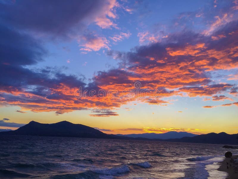Purple Sky during Sunset in Greece. Stock Image - Image of summer ...