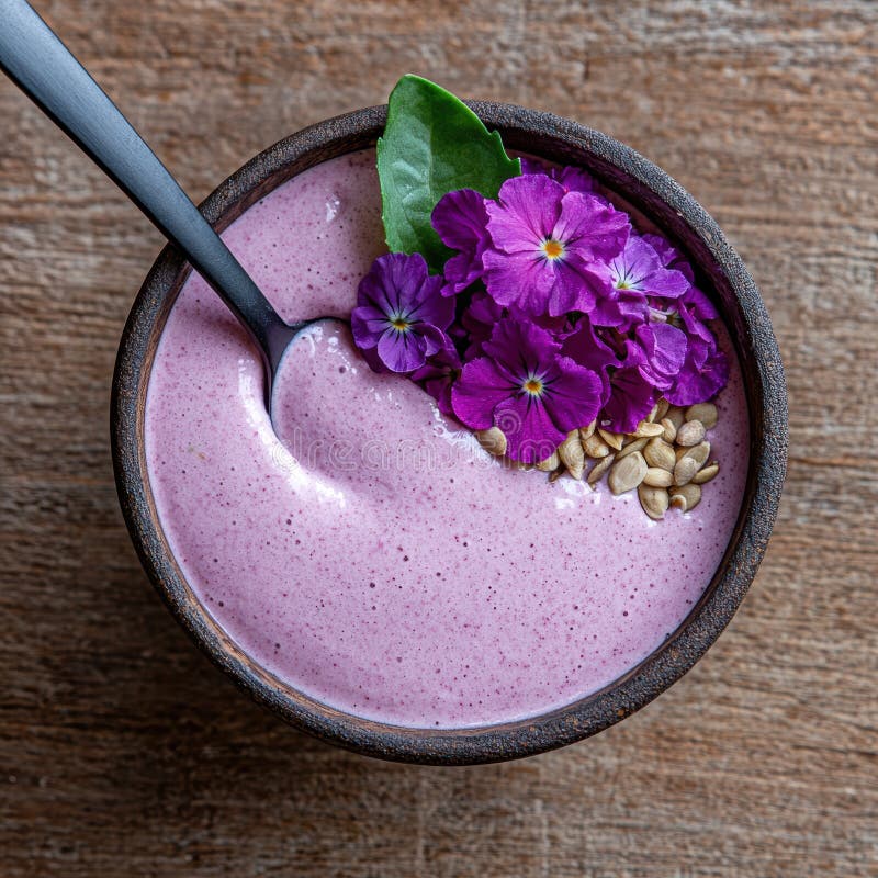 Purple Smoothie Bowl with Edible Flowers and Seeds Stock Illustration ...