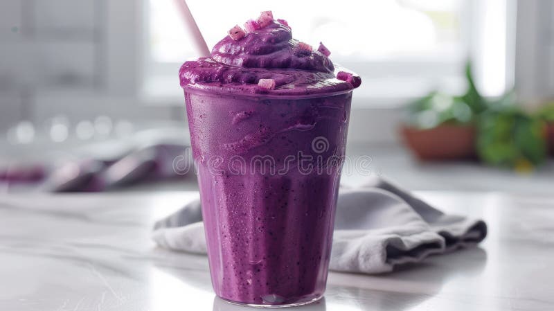 Purple Smoothie in a Glass with a Straw on a Kitchen Counter. Stock ...