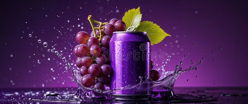 Purple Soda Can with Grapes and Splash on Purple Background Stock Image ...