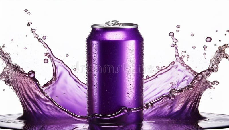 Purple Soda Can with Liquid Splash on White Background Stock ...