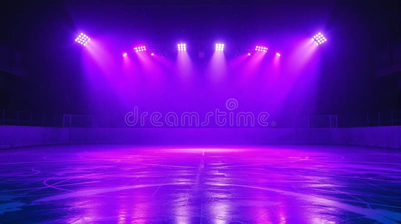 Purple Spotlights Illuminating Empty Ice Rink at Night Stock ...