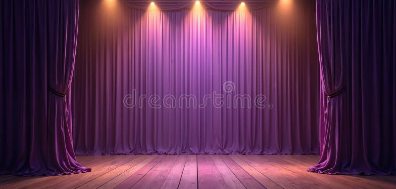 Purple Stage with Dramatic Curtains, Spotlights. Empty Stage Area Ready ...