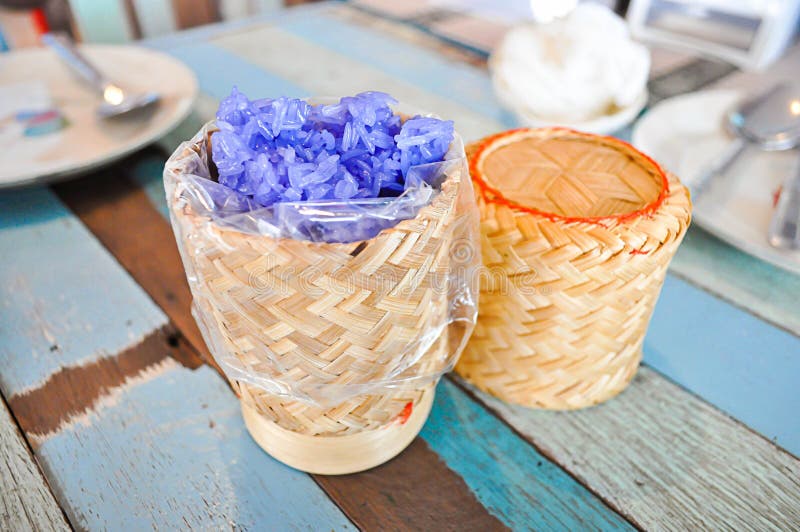 Purple Sticky Rice, Thai Purple Sticky Rice in a Bamboo Wooden O Stock ...