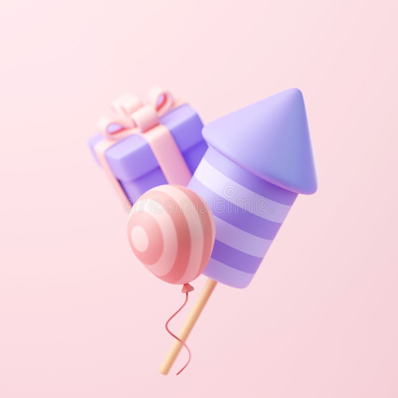 Purple Striped Rocket with a Pink and White Balloon and a Purple Gift ...