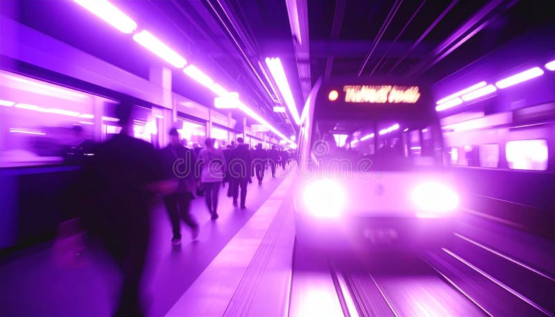 Purple Subway Station: Blurred Motion of Passengers and Approaching ...