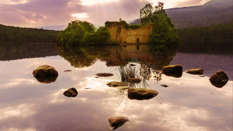 Purple Sunset at the Lake with a Castle Stock Photo - Image of ...