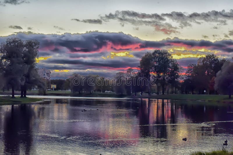 Purple Sunset Over a Pond in a Park Stock Image - Image of horizon ...