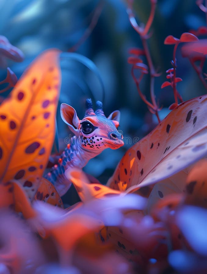 Purple Tiny Alien Giraffe Hiding among Plants Stock Illustration ...