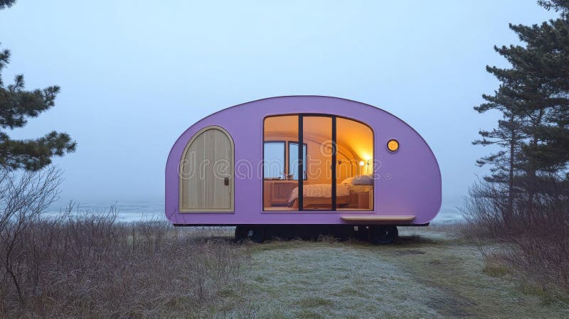 Purple Tiny House on a Misty Field Stock Illustration - Illustration of ...