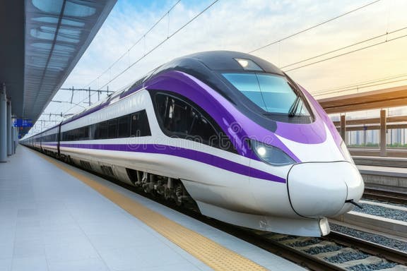Purple Train Arriving at Station Stock Image - Image of purple, urban ...