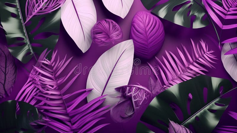 Purple Tropical Leaves Background, 3d Render Illustration, Botanical ...