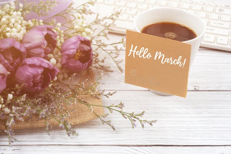 Purple Tulip Bouquet and Adhesive Note with Text Hello March Stock ...