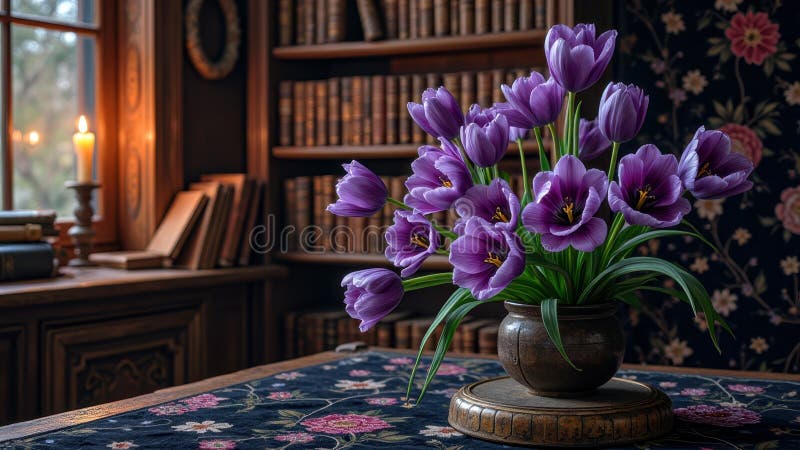 Purple Tulips in Rustic Vase on Table with Floral Tapestry in Cozy ...