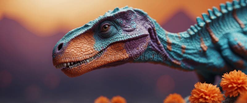 Purple Turquoise Dinosaur on an Orange Background with Copy Space ...