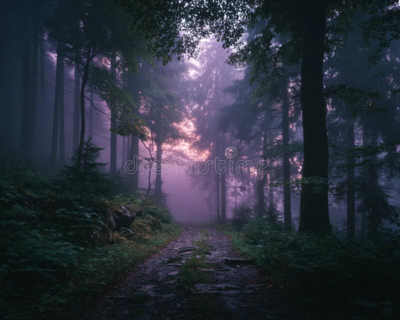 Purple Twilight Forest Path: Misty Woods at Sunset Stock Illustration ...