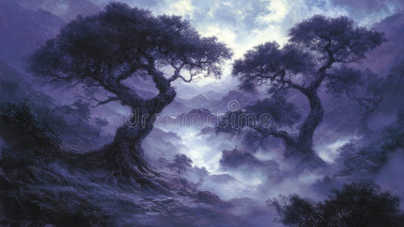 Purple Twilight Landscape with Ancient Trees Stock Illustration ...