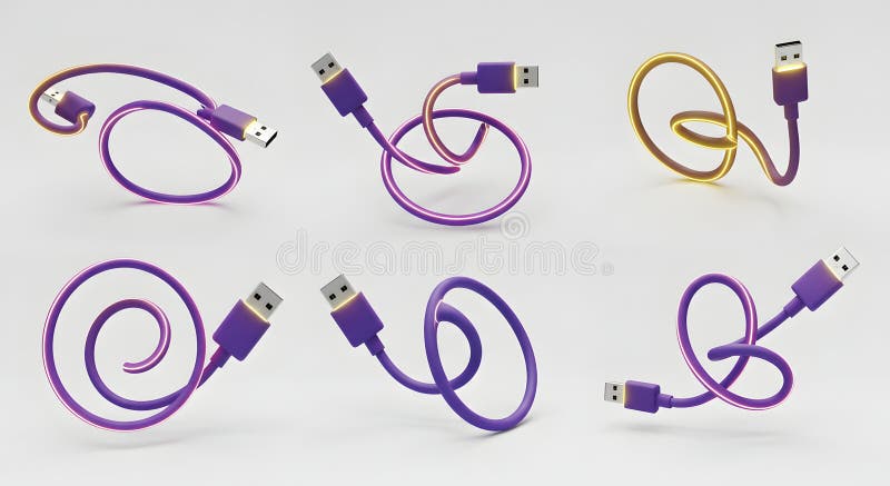 Purple USB Cable in Various Creative Poses, Technology Concept Stock ...