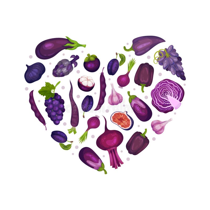 Purple Veggie and Fruit Heart Shape Composition Vector Template Stock ...