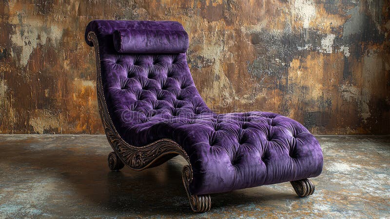 Purple Velvet Chaise Lounge in Rustic Room Stock Image - Image of ...