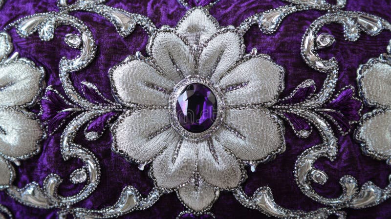Purple Velvet Fabric Embroidered with Silver Thread and a Purple ...