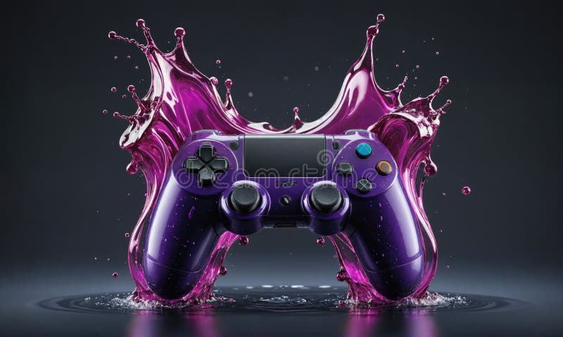 A Purple Video Game Controller is Surrounded by a Splash of Pink Liquid ...