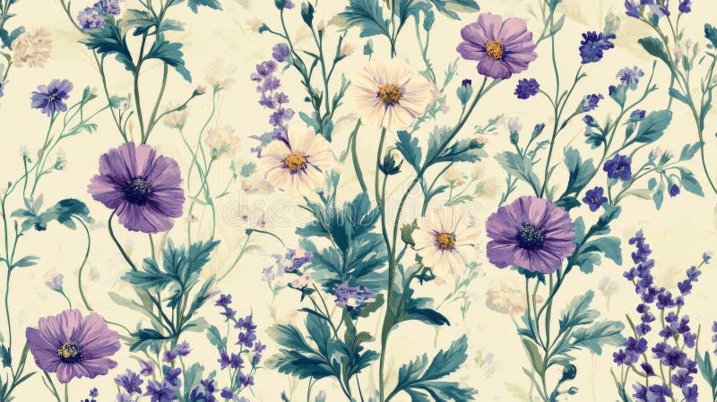 Purple and White Flowers Seamless Pattern on Cream Background Stock ...
