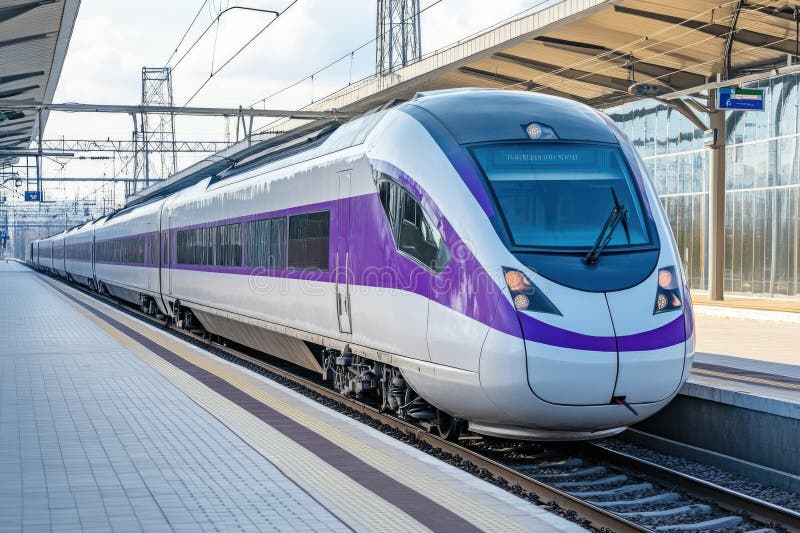 A Purple and White Train Pulls into a Train Station, Ready To Deliver ...