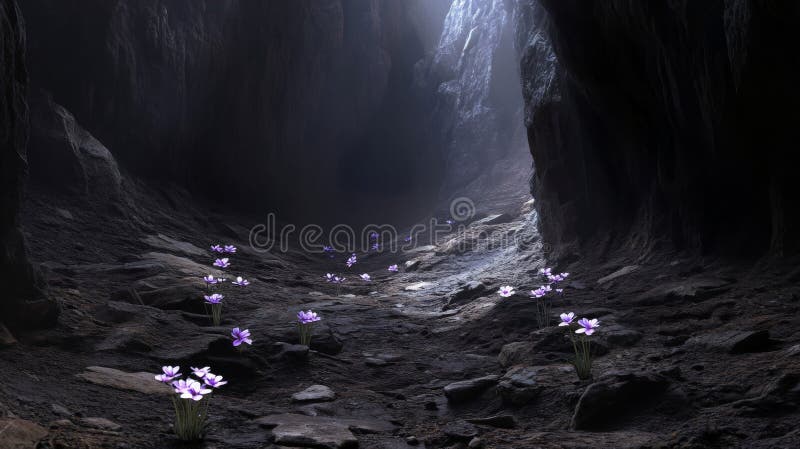 Purple Wildflowers in a Dark Gorge with Waterfall Stock Illustration ...