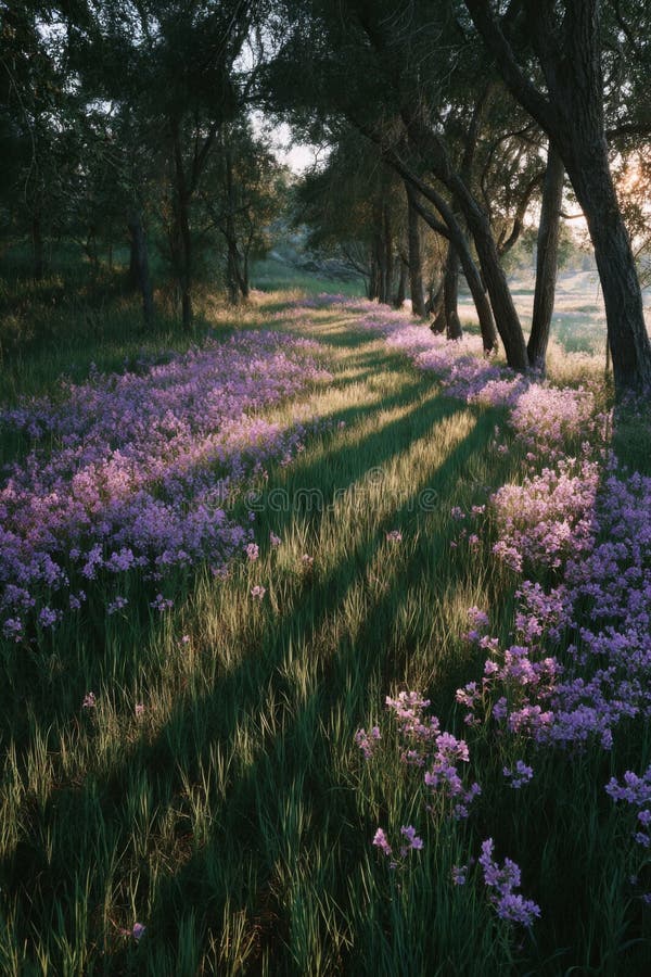 Purple Wildflowers Meadow Path Sunlight Shadows Stock Illustration - Illustration of wildflowers ...