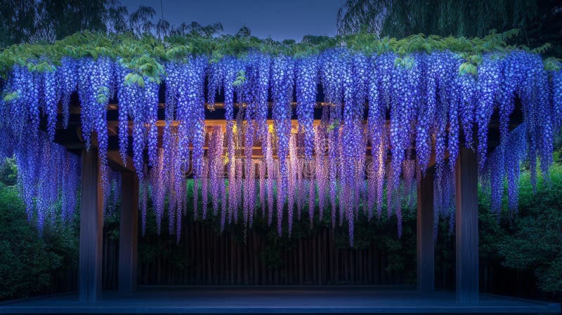 Purple Wisteria Blooming at Night Under Pergola Stock Illustration ...