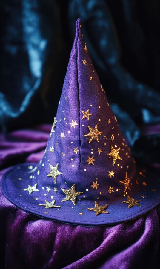 A Purple Wizard Hat, Gold Stars Embroidered on the Fabric Stock Image - Image of bright, gold ...